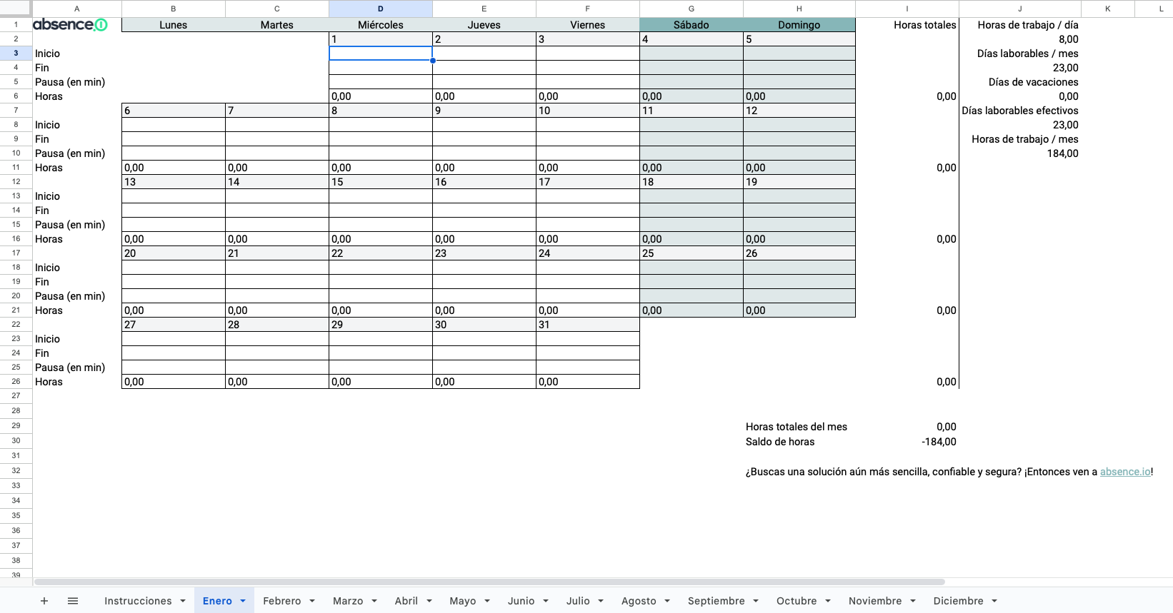 Plantilla de Excel para el control de horas 2025